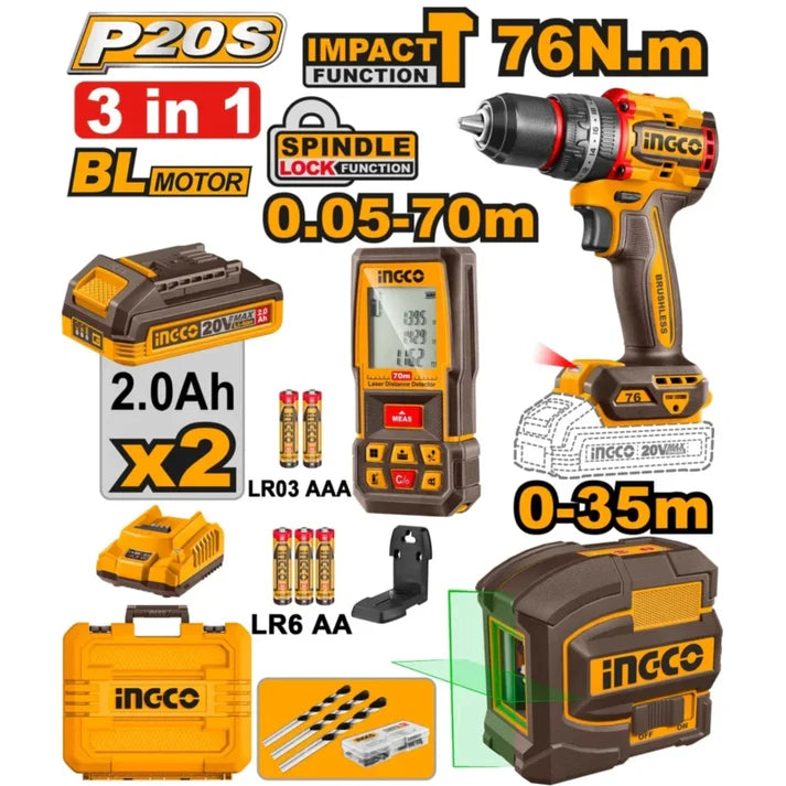 Ingco Drill/Laser/Detector 20V 3pc Kit COSLI250511